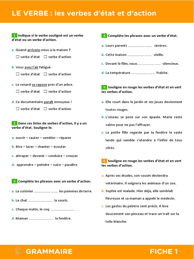 Verbes d'état et d'action : Exercices CM2 | PDF