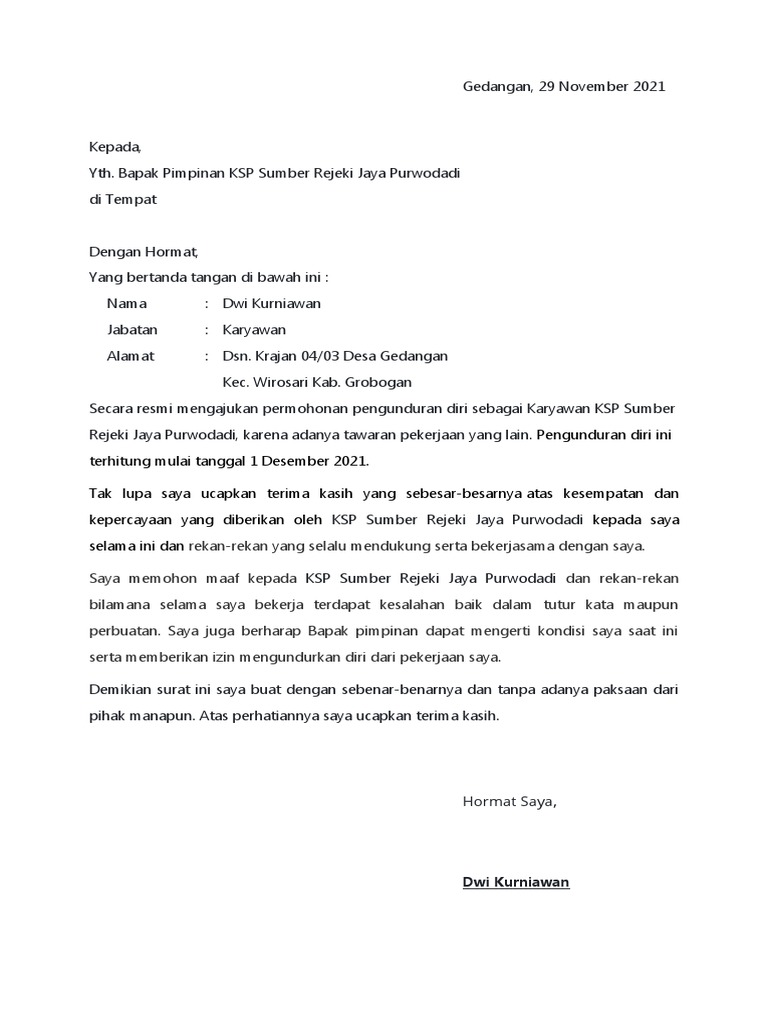 Surat Pengunduran Diri KSP | PDF