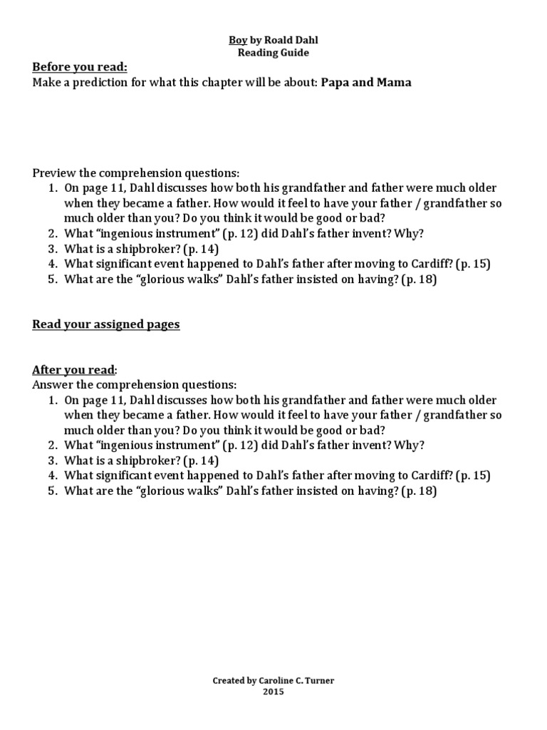 Boy by Roald Dahl Reading Guide | PDF
