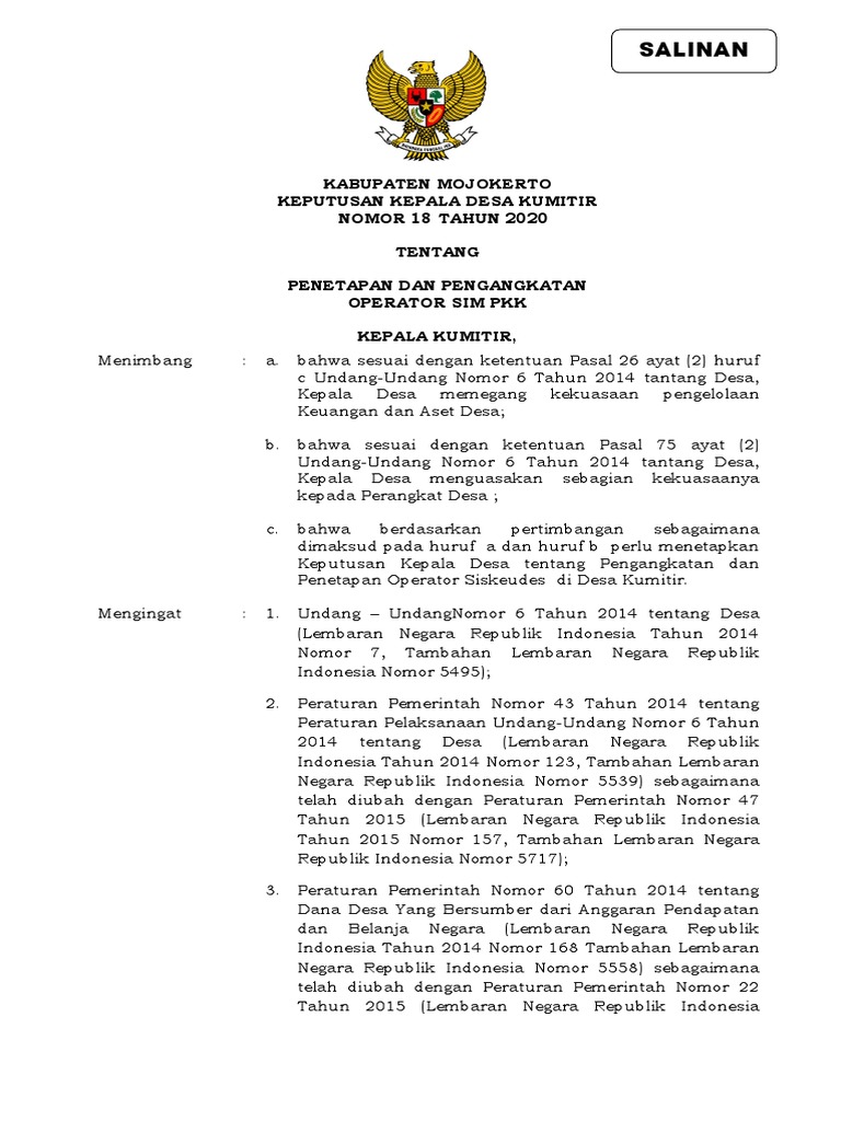 Pengangkatan Operator SIM PKK Kumitir | PDF | Pengelolaan Keuangan & Uang