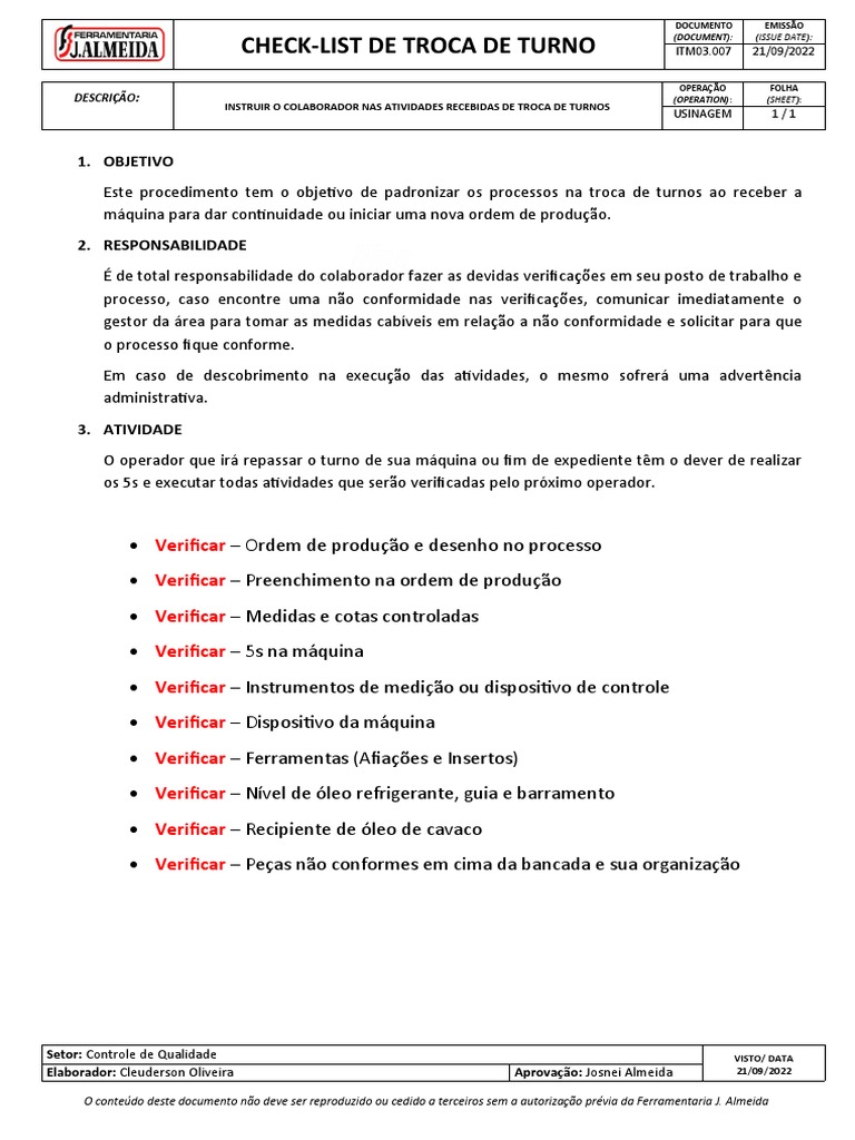 ITM03.007 - Checklist de Troca de Turno | Download grátis PDF | Informática