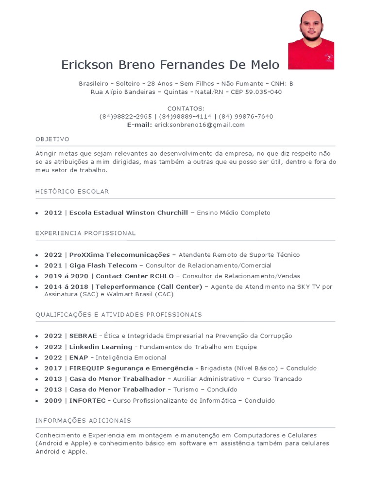 Currículo - Erickson Breno Fernandes de Melo | PDF