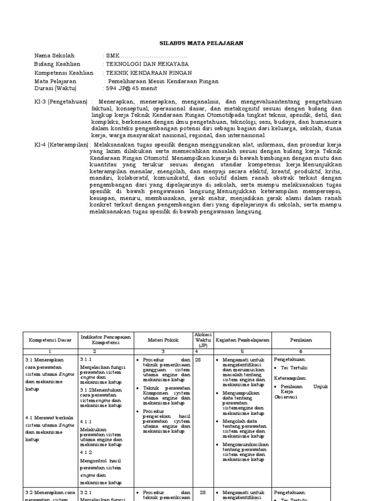 Silabus Teknik Kendaraan Ringan | PDF