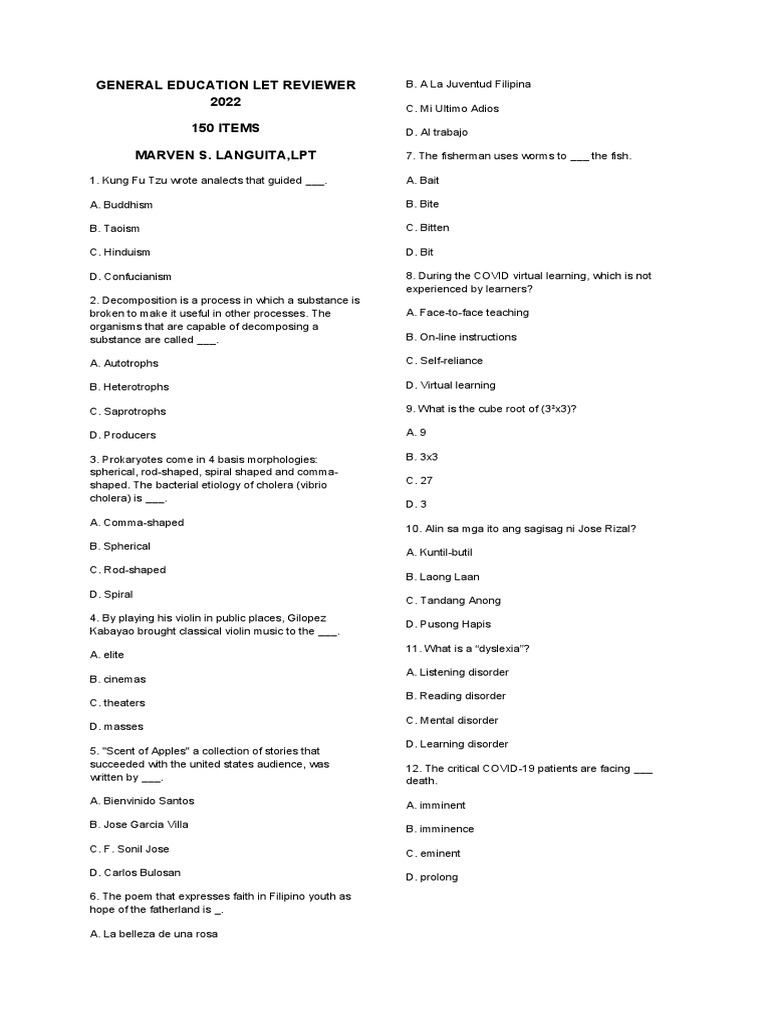 General Education LET Reviewer 2022 | PDF