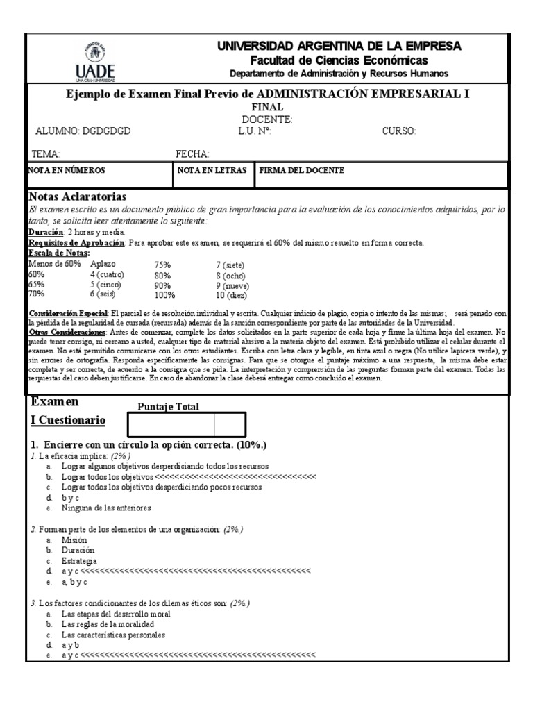 Ejemplo de Examen Previo de Administracion Empresarial I | PDF | Prueba (evaluación) | Business