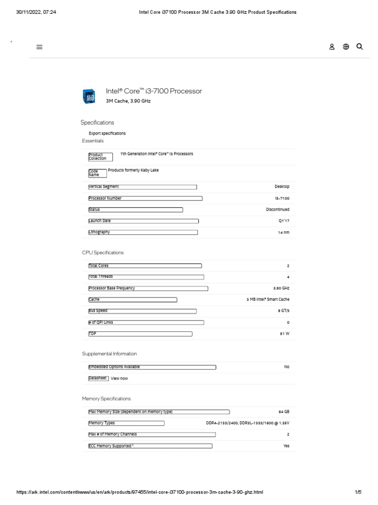 Intel Core I37100 Processor 3M Cache 3.90 GHZ Product Specifications | PDF | Intel | Central ...