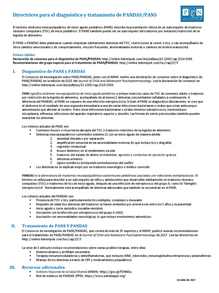 PANDAS PANS Spanish | PDF | Desorden obsesivo compulsivo | Enfermedades y trastornos