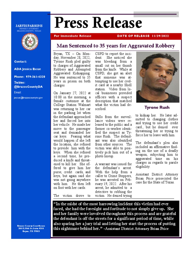 Brazos County District Attorney Press Release: Tyrone Rush | Download Free PDF | Misconduct ...