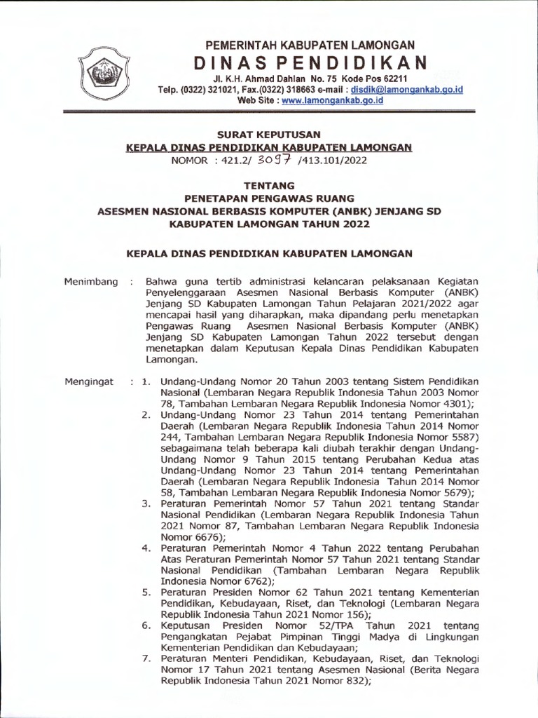 SK Pengawas Ruang Anbk SD 2022 | PDF