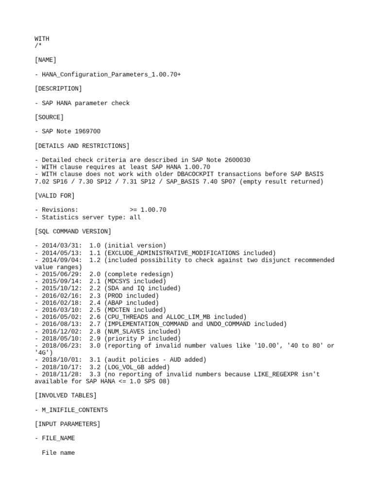 HANA Configuration Parameters 1.00.70+ | PDF | Parameter (Computer Programming) | Computing