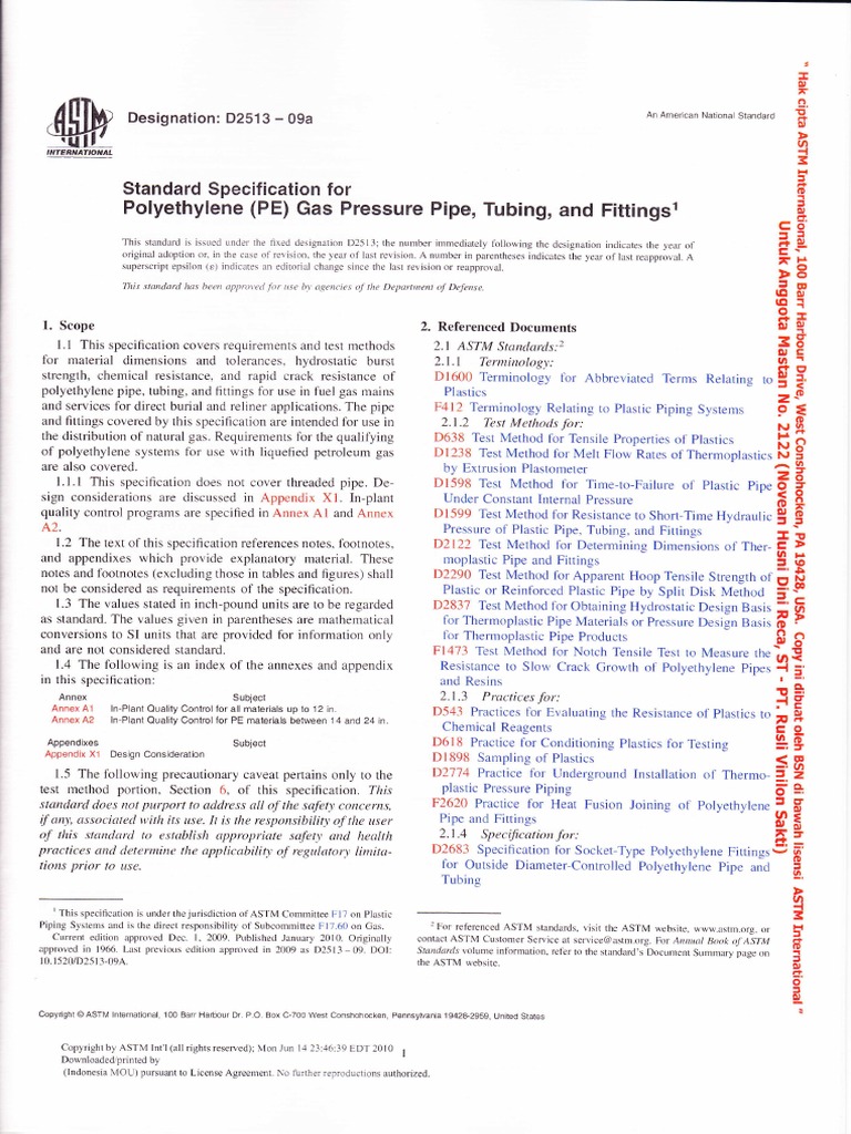 ASTM D2513-09a Polyethylene (PE) Gas Pressure Pipe, Tubing and Fittings ...