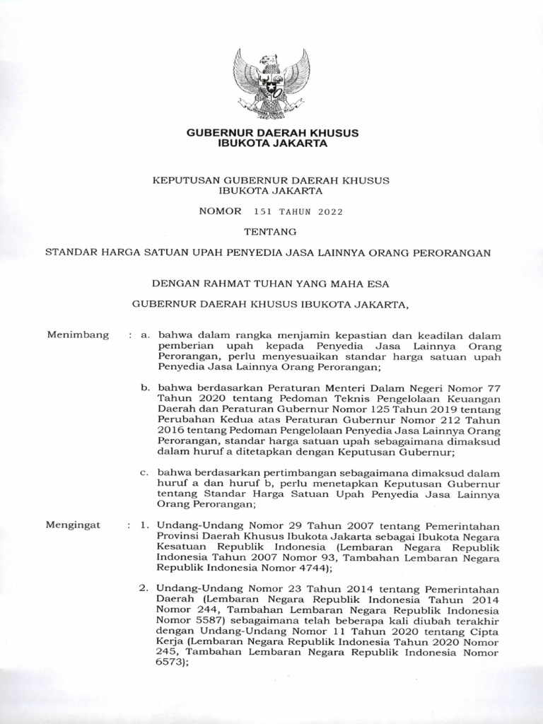 Kepgub No. 151 Tahun 2022 Tentang Standar Harga Satuan Upah PJLP | PDF