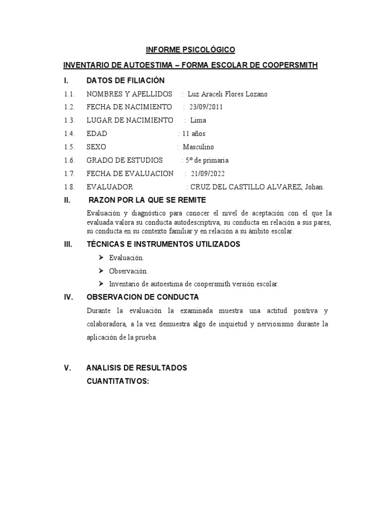 INFORME-PSICOLOGICO-coopersmith - Luz | PDF | Ciencias del comportamiento | Conceptos psicologicos