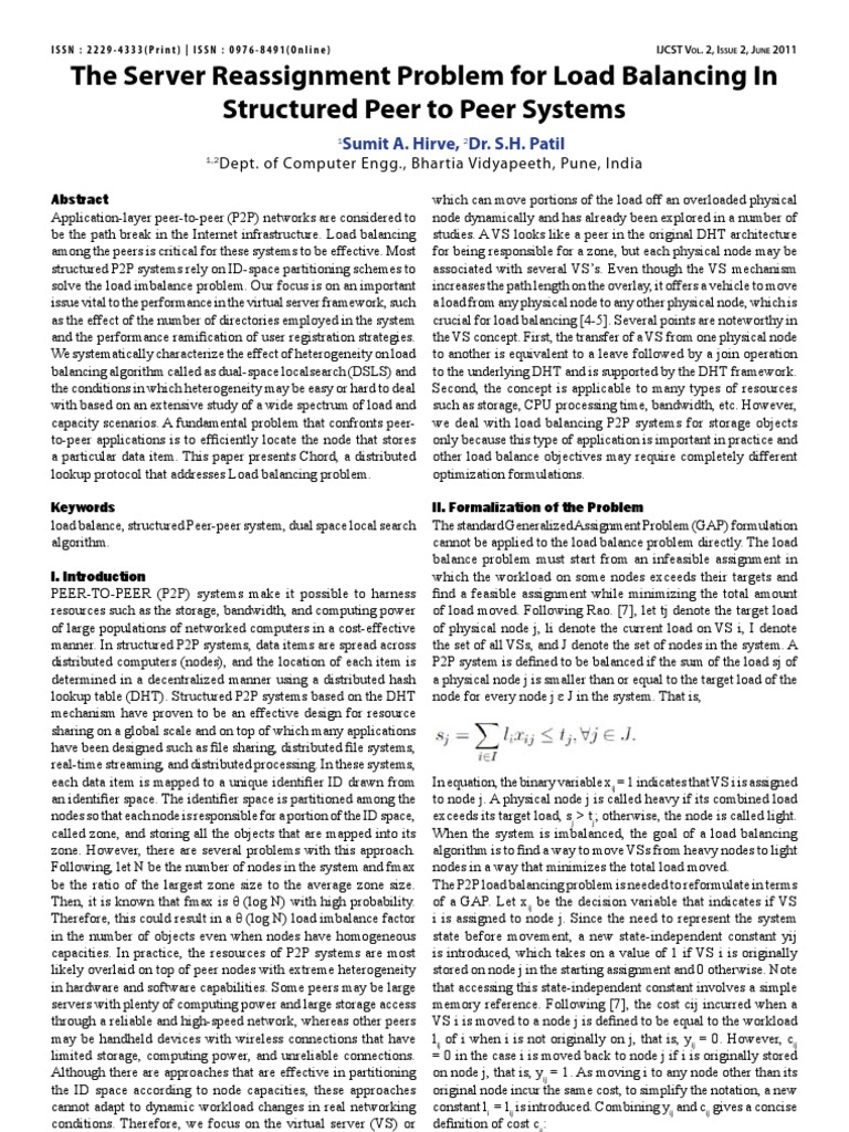 The Server Reassignment Problem For Load Balancing In Structured Peer To Peer Systems Pdf