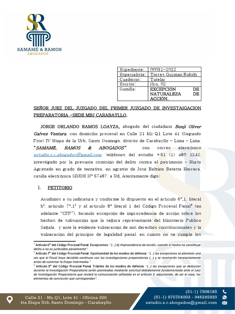 Excepcion de Naturaleza de Accion. | PDF