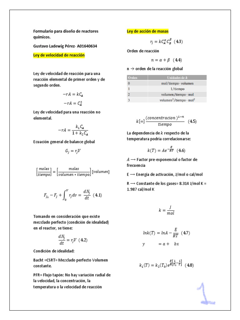 Formulario para Diseño de Reactores Químicos | PDF