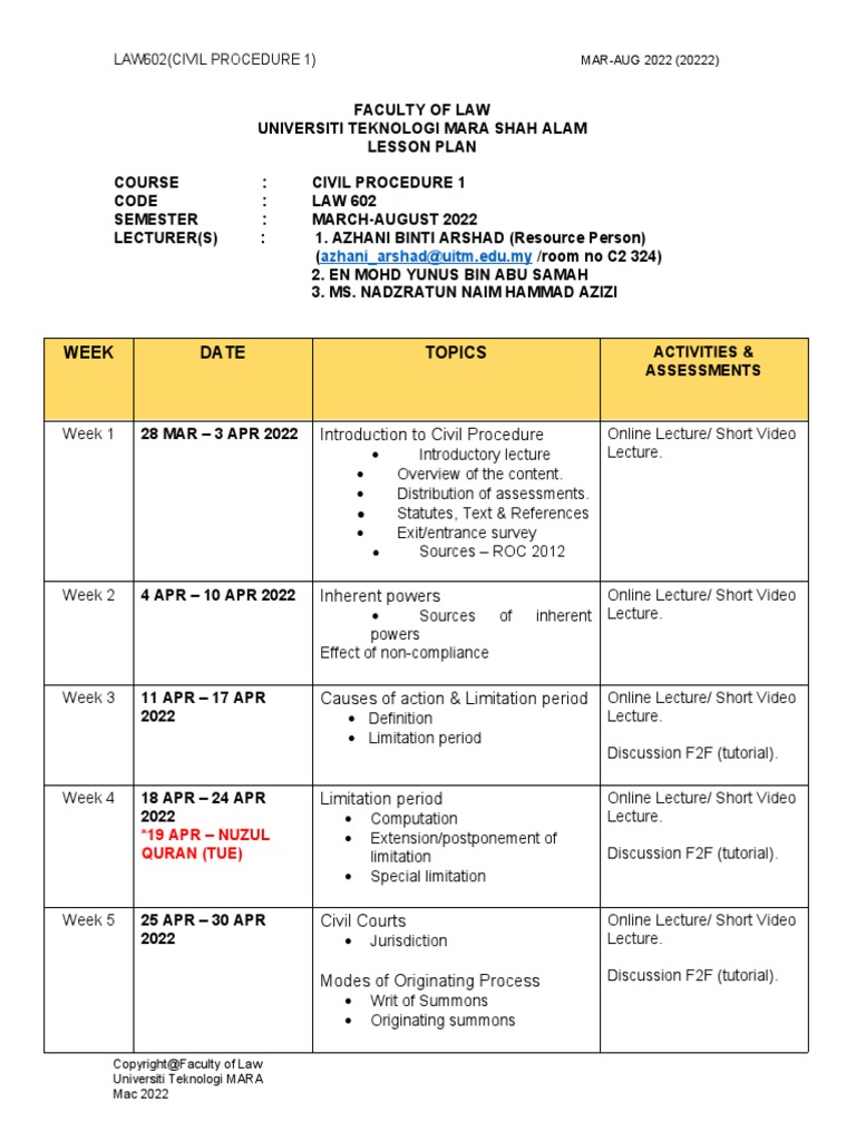 Lesson Plan Civil Procedure 1 | PDF | Public Sphere | Government