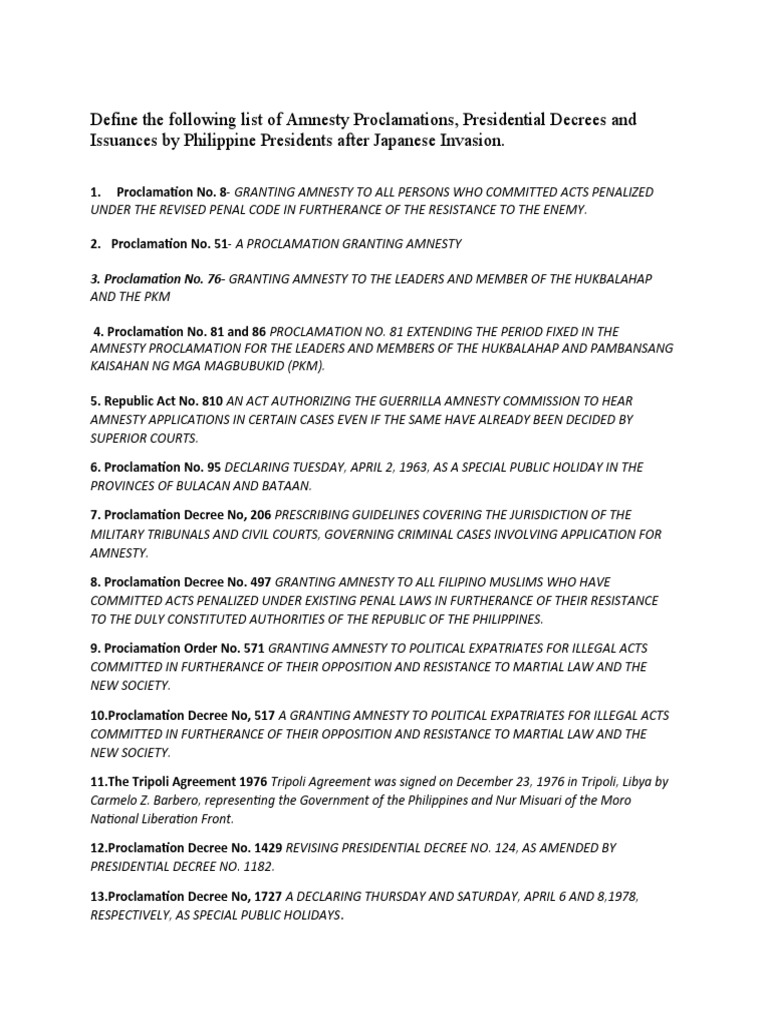 Philippine Amnesty Proclamations List | PDF | Crimes | Crime & Violence