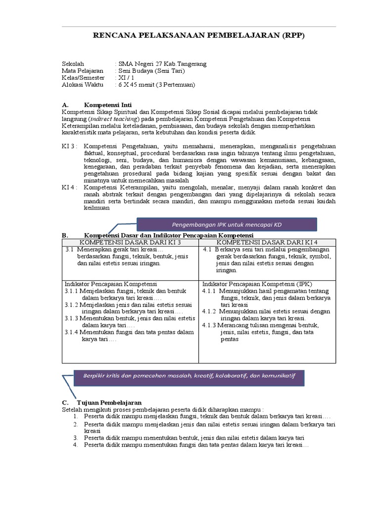 RPP Tari 1 | PDF | Karier & Perkembangan | Seni