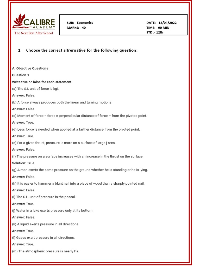 8 Icse Phy Solution | PDF | Pressure | Force
