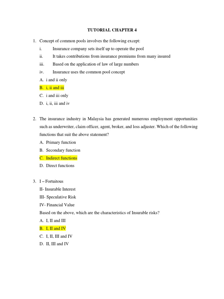 Tutorial Chapter 4 Insurance Concepts | PDF | Insurance | Risk
