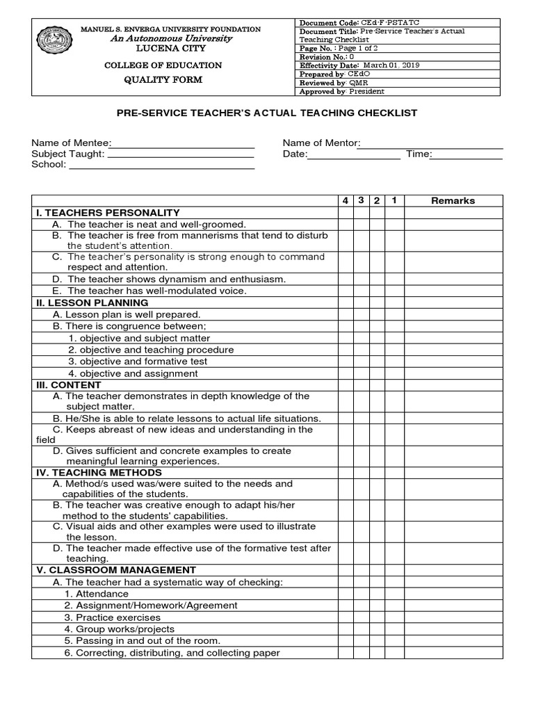 Practice Teaching Pre Service Teacher Actual Teaching Checklist Form ...