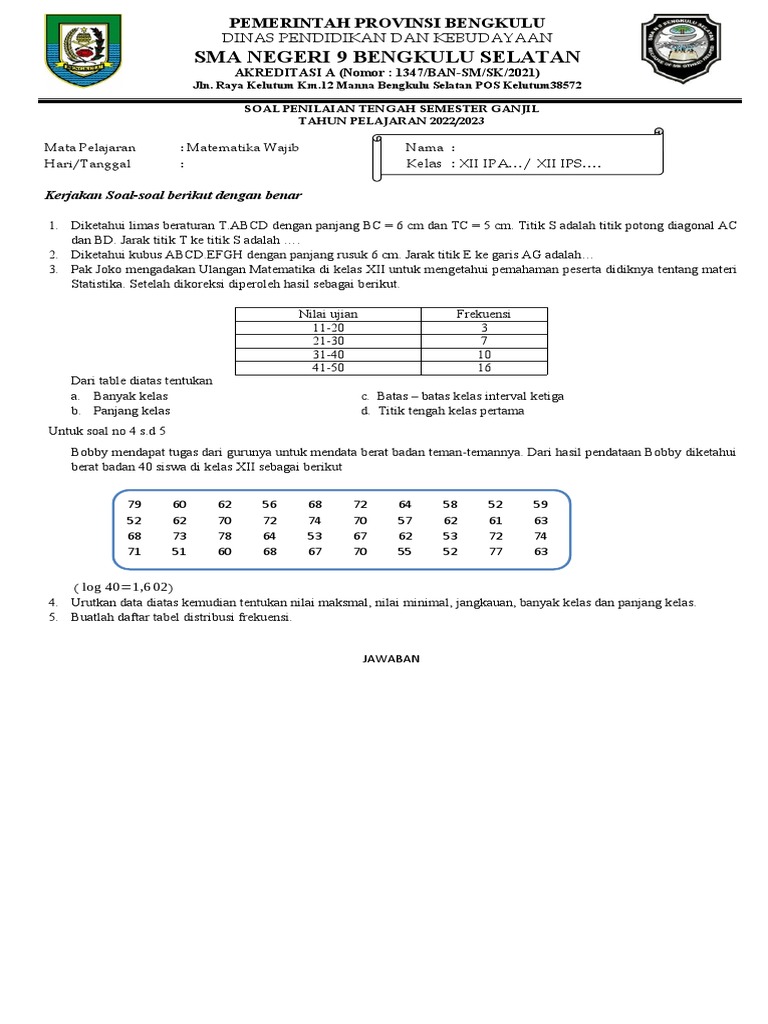 Soal Uts Matematika Wajib Kelas 12 | PDF