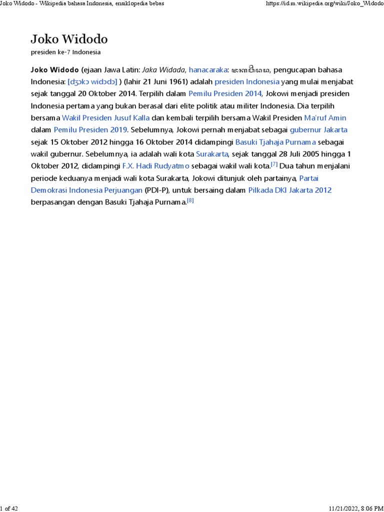 Joko Widodo - Wikipedia Bahasa Indonesia, Ensiklopedia Bebas | PDF