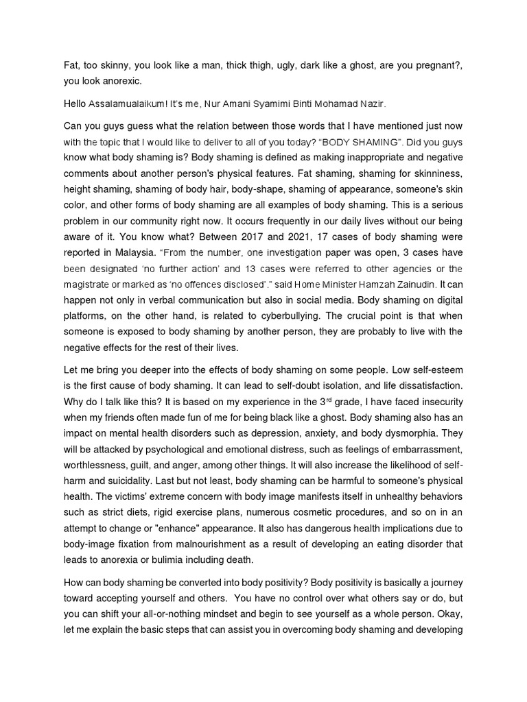 ELC590 Body Shaming Informative Speech | PDF | Body Image | Shame