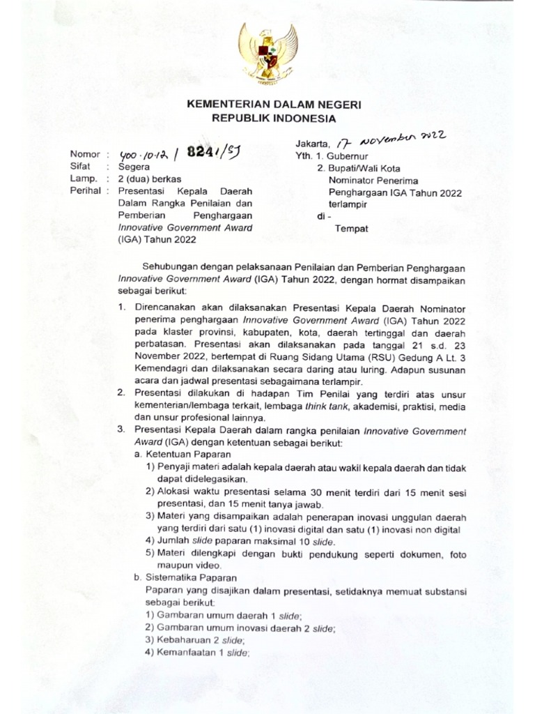 Surat Penyampaian Presentasi Kepala Daerah IGA 2022 | PDF