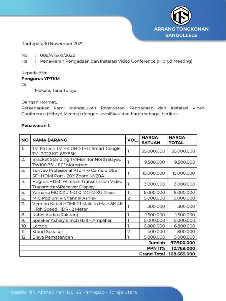Proposal Penawaran Video Conference Ke Yptkm | PDF