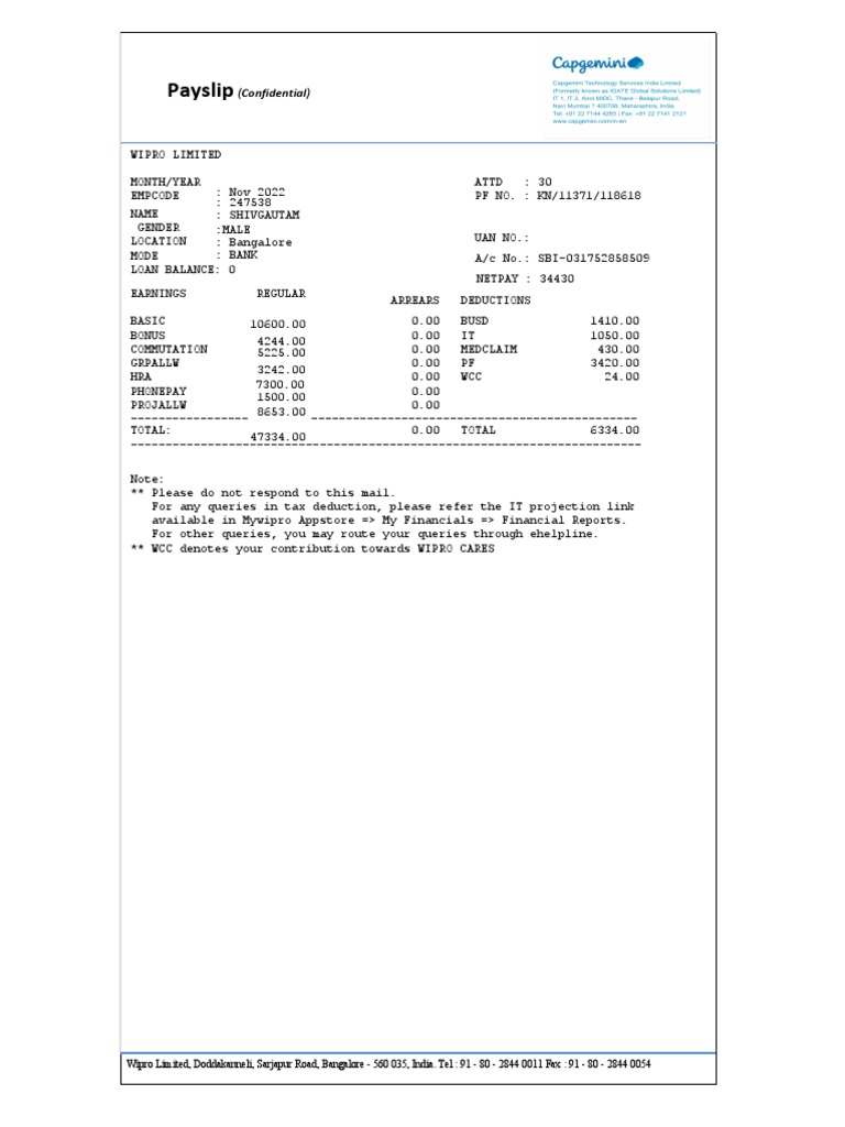 Capgemini Nov Salary Slip | PDF