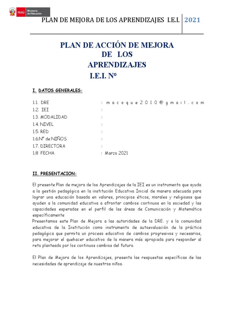Plan de Mejora Inicial | PDF | Salón de clases | Evaluación