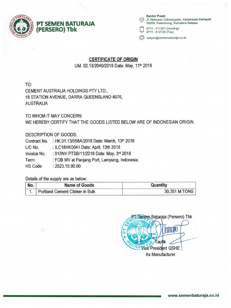 Certificate of Origin by Manufacturer | PDF