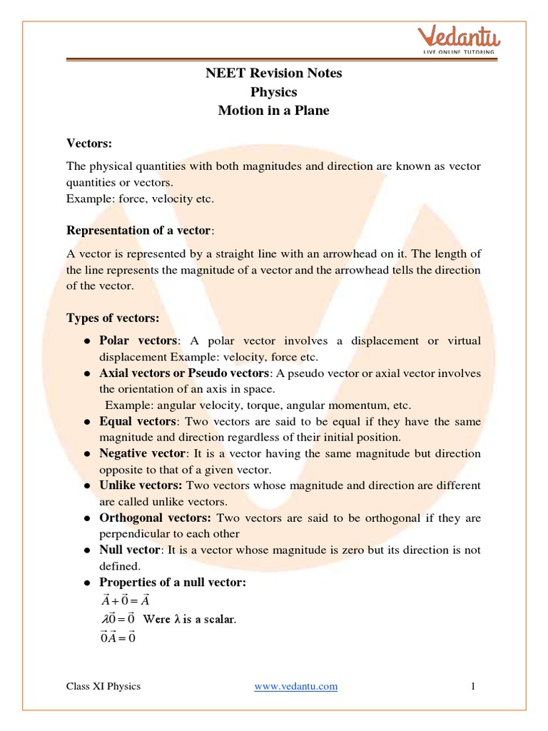 Revision Notes For Class 11 Physics Motion in A Plane For NEET | PDF ...