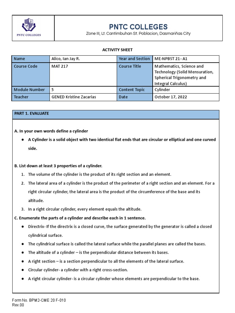Module 5 - Cylinder | PDF | Geometry | Elementary Geometry