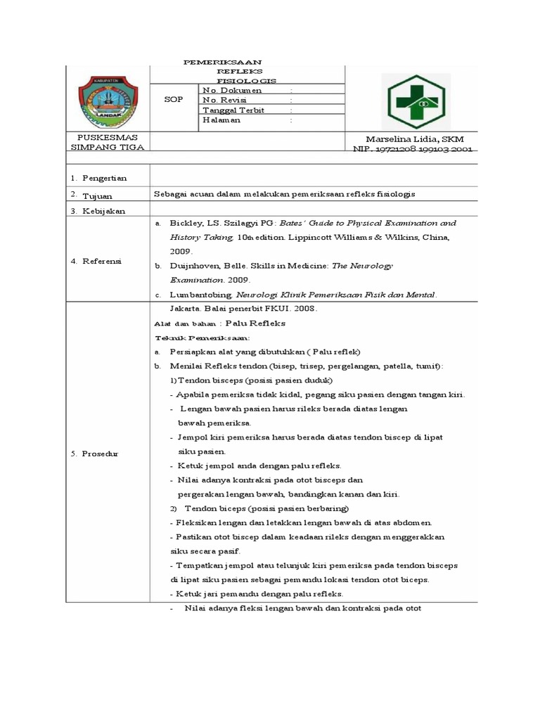 Sop Pemeriksaan Refleks Fisiologis | PDF