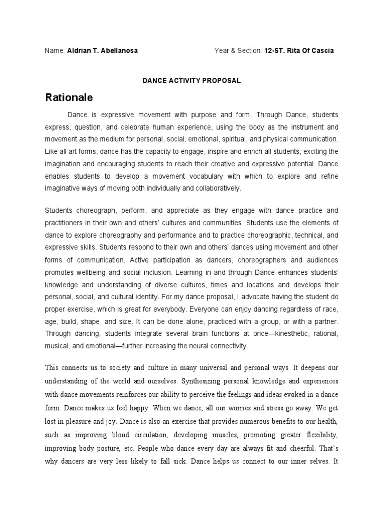 Dance Proposal in PHYSICAL EDUCATION | PDF | Dances | Self Esteem