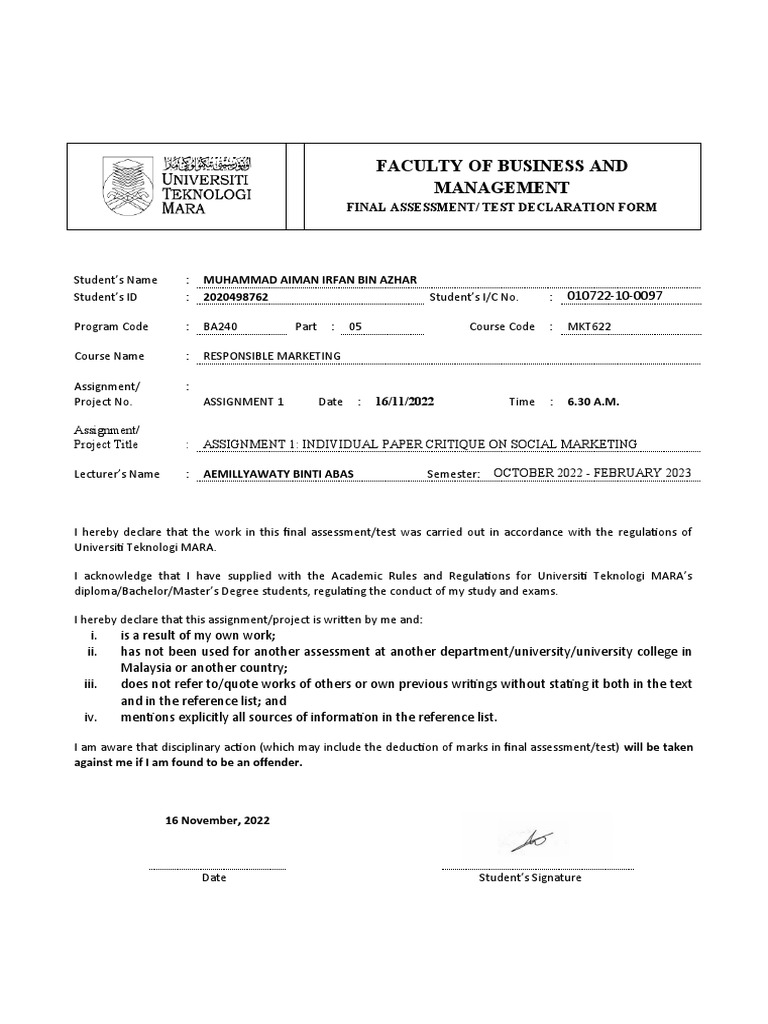 UiTM ASSIGNMENTS DECLARATION COVER | PDF