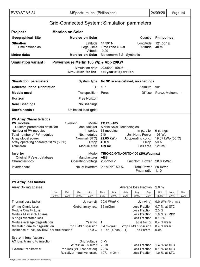 PVsyst Meralco Power House Merlin 105Wp + Abb | PDF | Photovoltaics ...