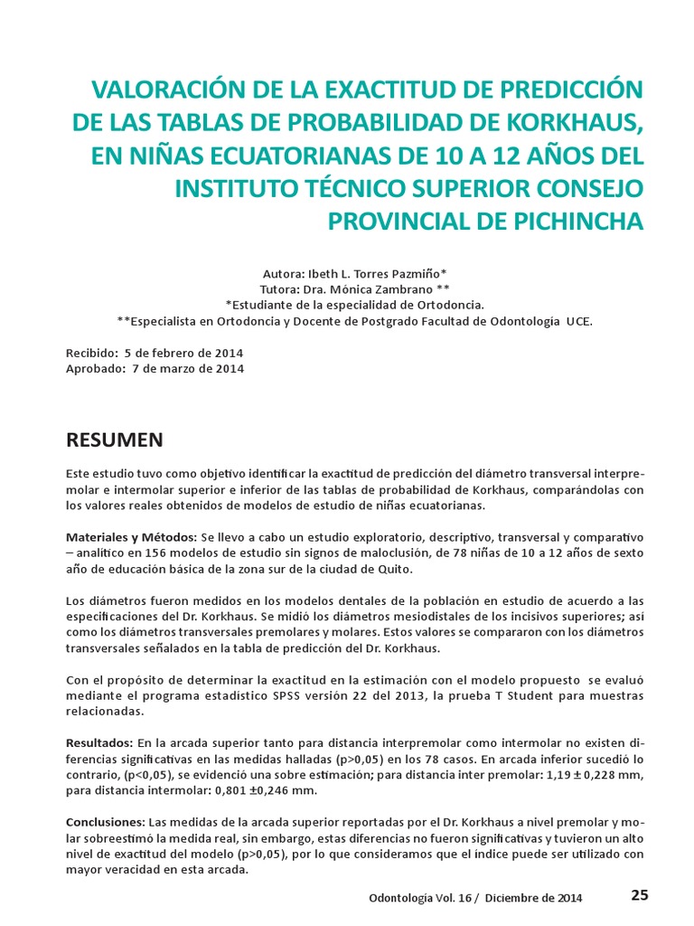 Exactitud de Tablas Korkhaus en Niñas | PDF | Odontología | Ortodoncia