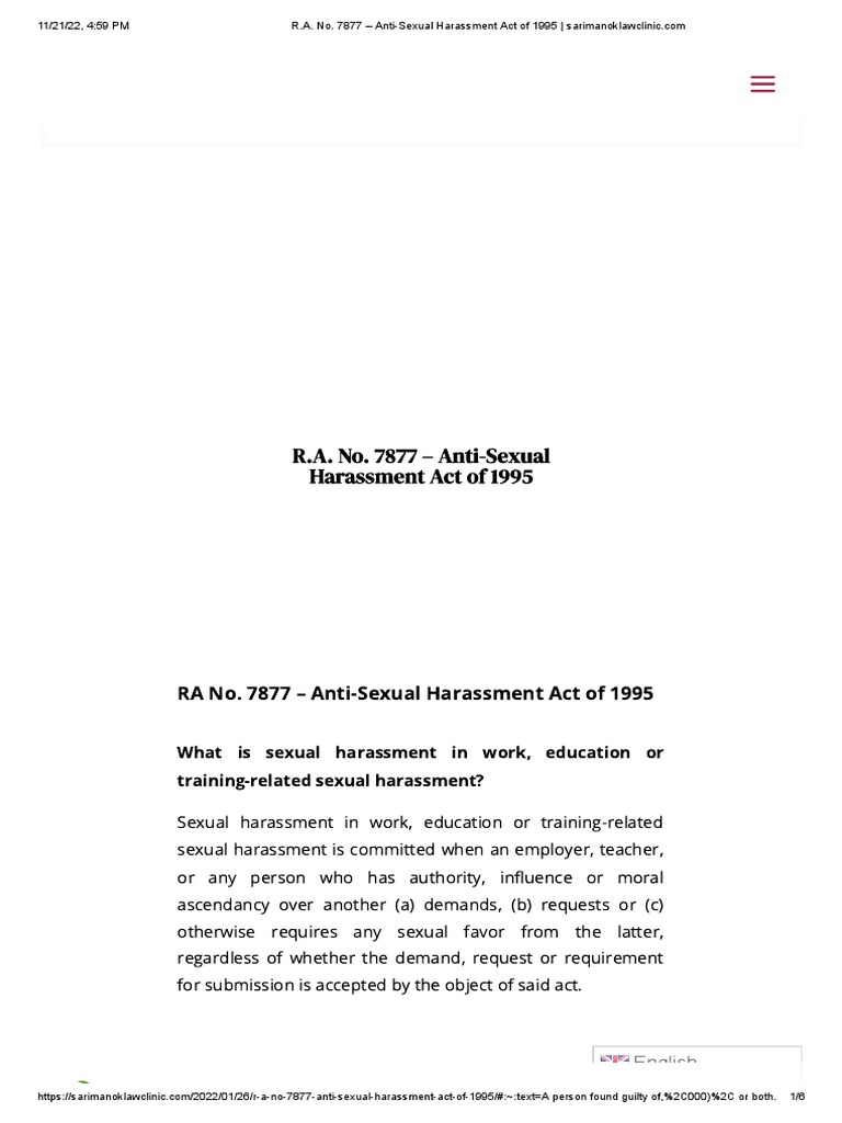 R.A. No. 7877 - Anti-Sexual Harassment Act of 1995 | PDF | Sexual Harassment | Employment