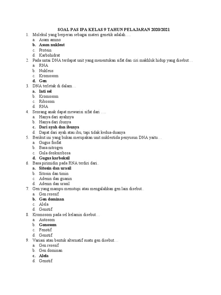 Soal Dan Jawaban Pas Ipa Kelas 9 Tahun Pelajaran 2020 | PDF