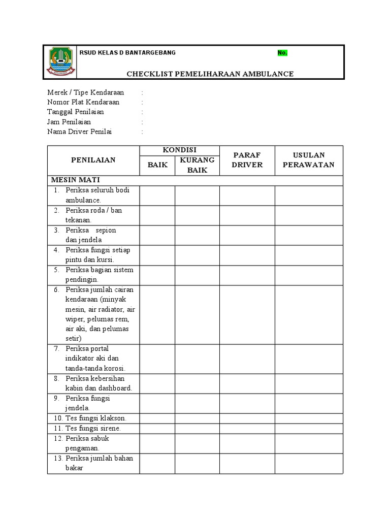 Form - Checklist Pemeliharaan Ambulance | PDF