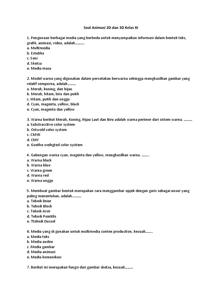 Soal Animasi 2D Dan 3D Kelas XI | PDF | Seni