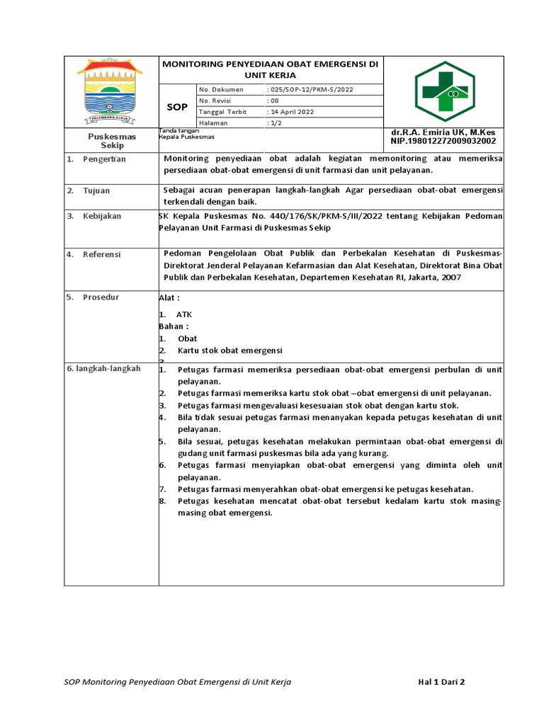025 - Sop Monitoring Penyediaan Obat Emergensi Di Unit Kerja | PDF