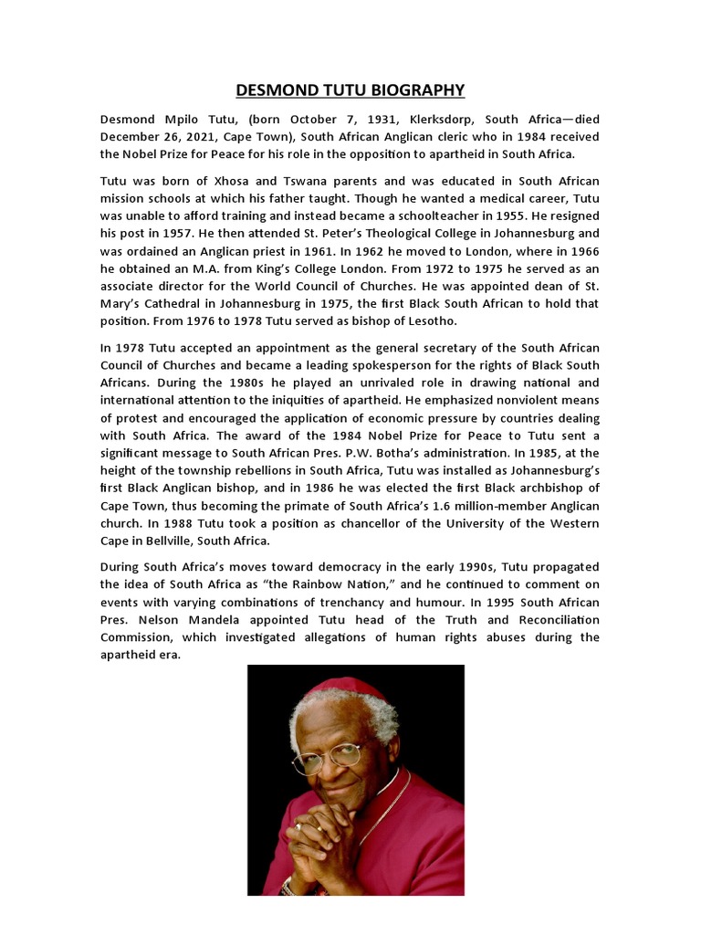 Desmond Tutu: Anti-Apartheid Leader | PDF | Social Science | Religion ...