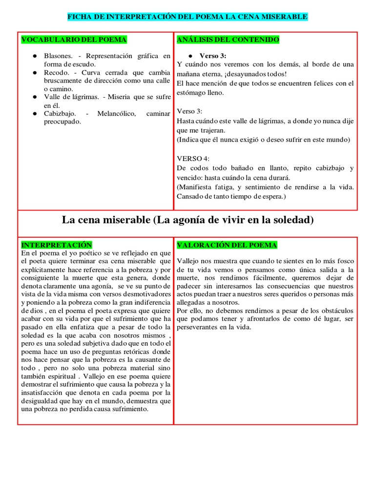 Ficha de Interpretación Del Poema La Cena Miserable | PDF Ficha de Interpretación Del Poema La Cena Miserable | PDF