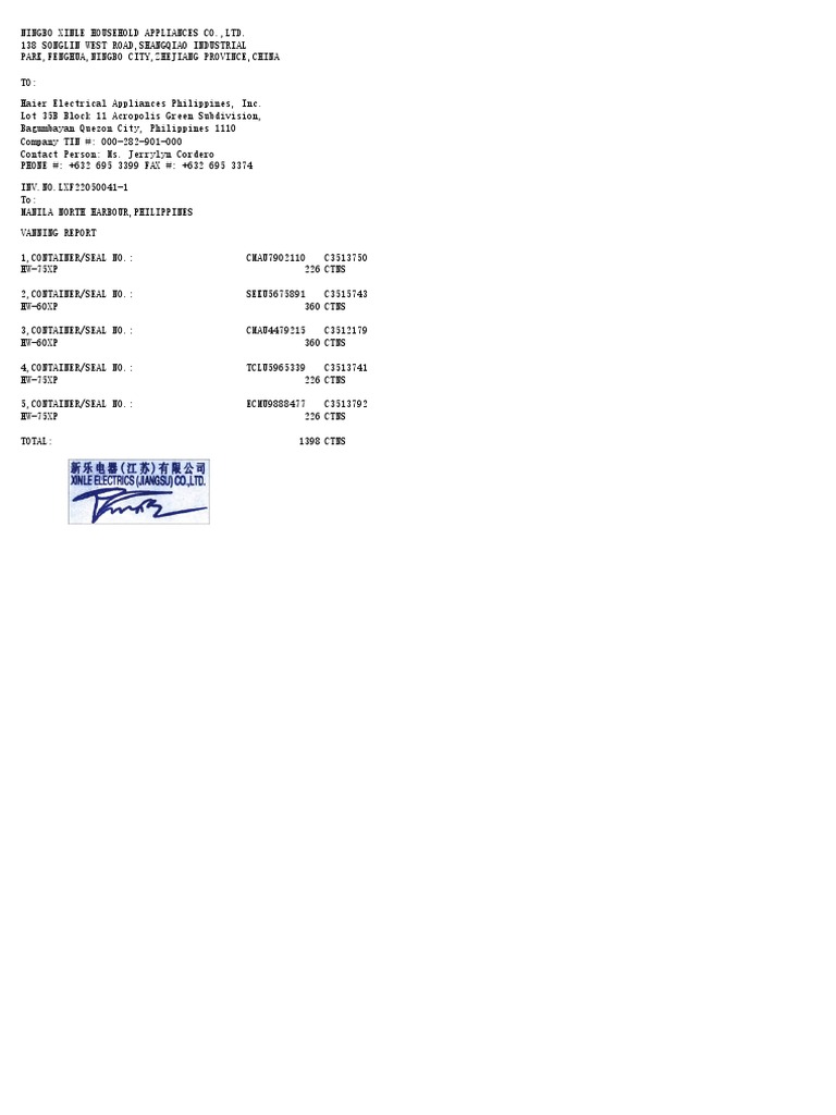 Ningbo Xinle Household Appliances Invoice | PDF