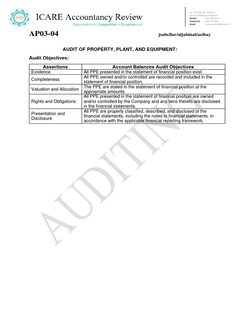 Audit Procedures for Property, Plant, and Equipment | PDF ...